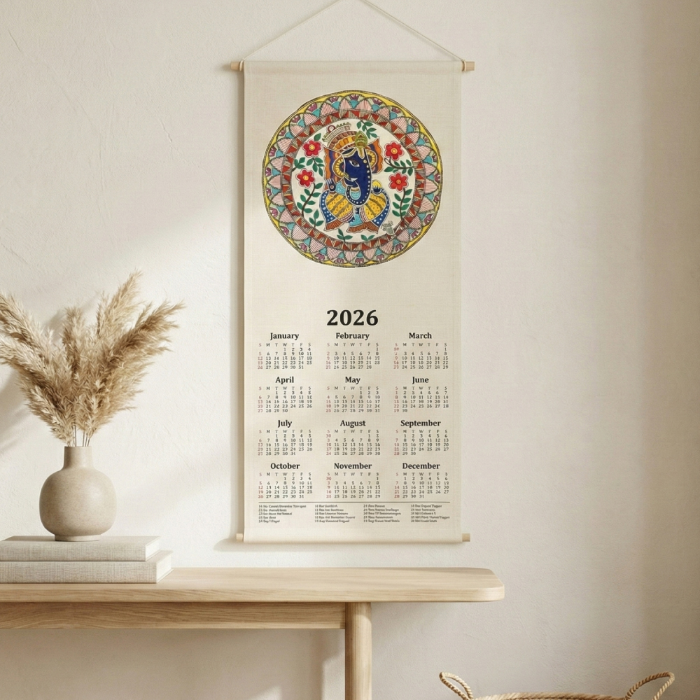 Handcrafted Fabric Wall Calendar 2026 – Circular Ganesh Folk Art Wall ...